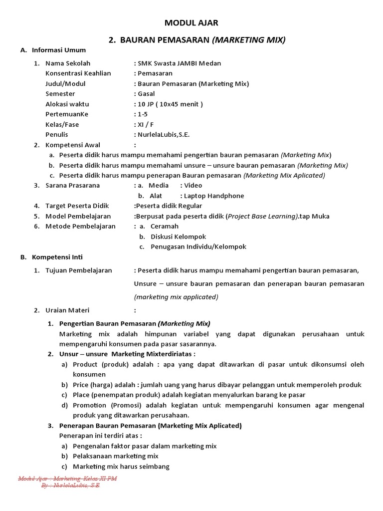 Modul Ajar 2. Bauran Pemasaran | PDF