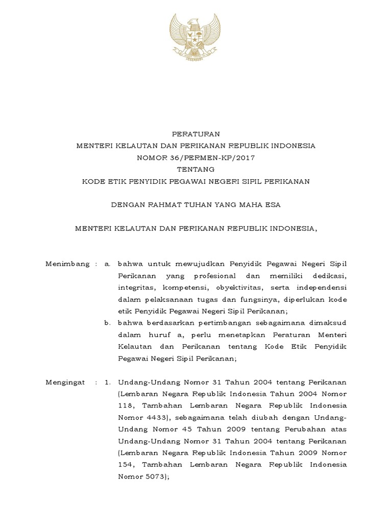 Permen KP 36 Tahun 2017 TTG Kode Etik Ppns (Kode Etik KKP) | PDF