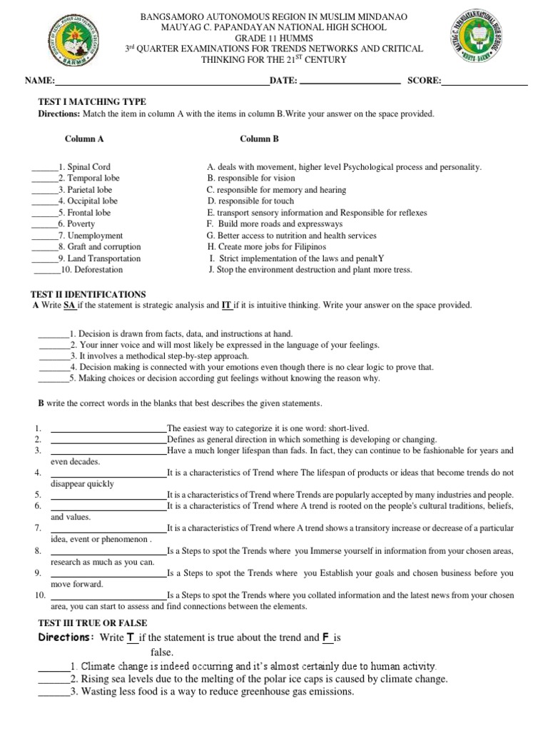 Trends 1ST Q Exam 2023-2024 | PDF | Climate Change | Cognition