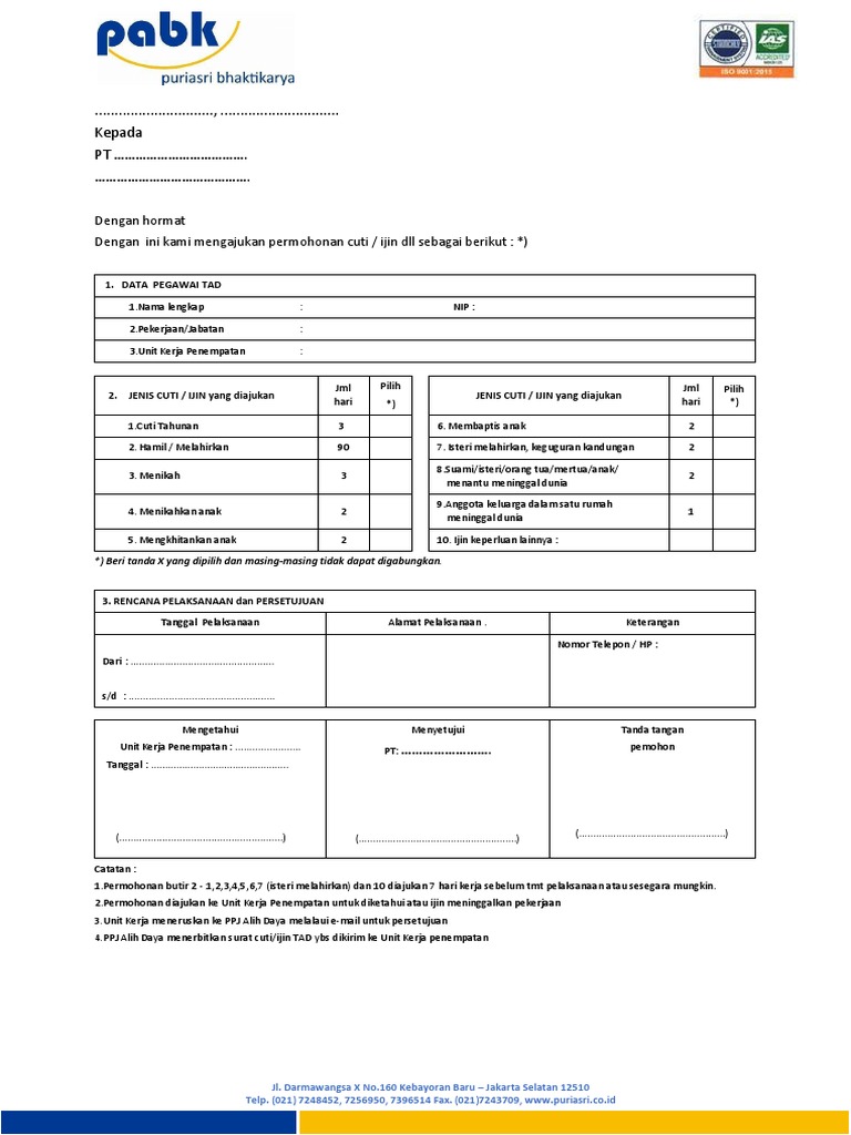 Form Cuti PABK R1 | PDF