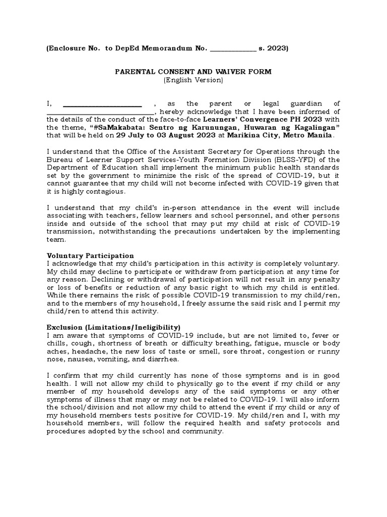 Enclosure 5 - Parental Consent and Waiver Form - LearnCon PH 2023 ...