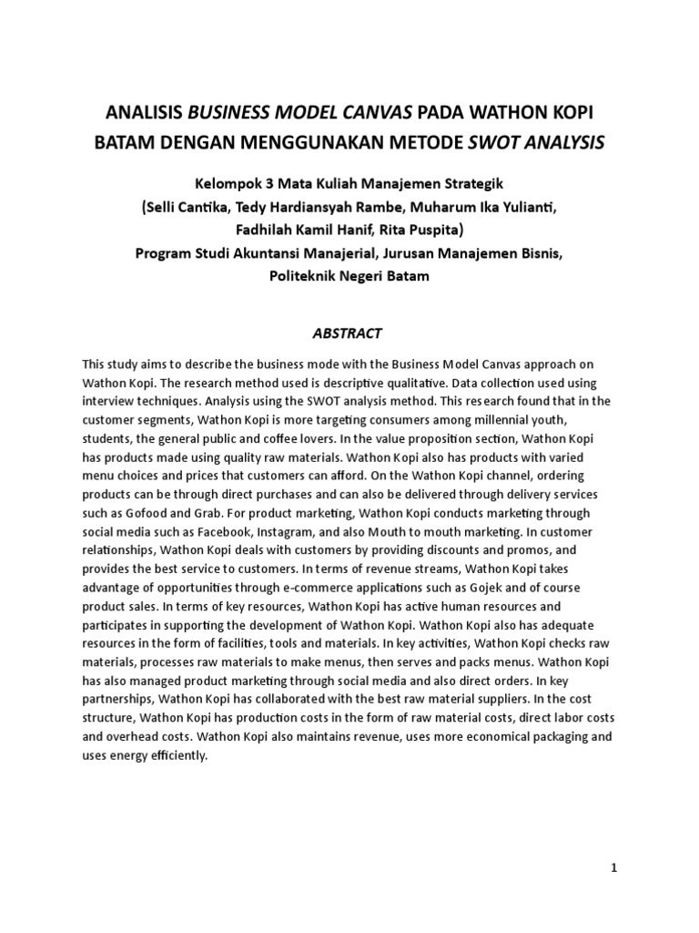 Artikel Business Model Canvas Wathon Kopi Kelompok 3 | PDF | Marketing | Market Segmentation