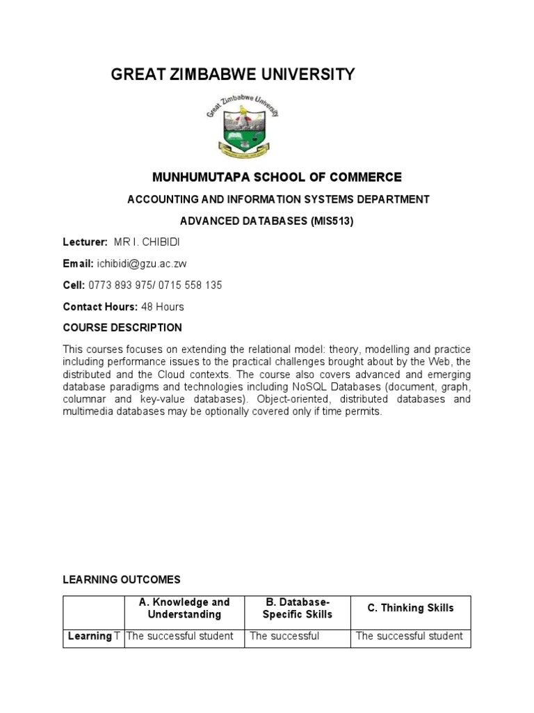 MIS513 Advanced Datavbases Course Outline | PDF | Databases | Data Warehouse
