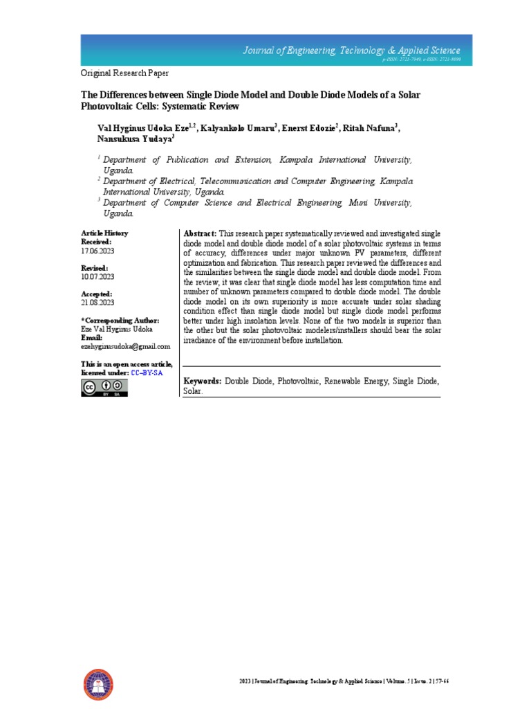 The Differences Between Single Diode Model And Double Diode Models Of A