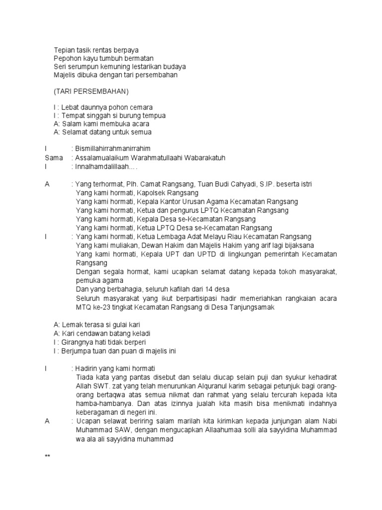 01 Naskah Pewara Penutupan MTQ Kecamatan Rangsang Ade Isma | PDF