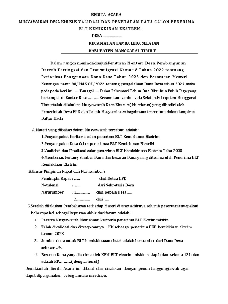 Berita Acara Musdesus KPM BLT 2023 | PDF