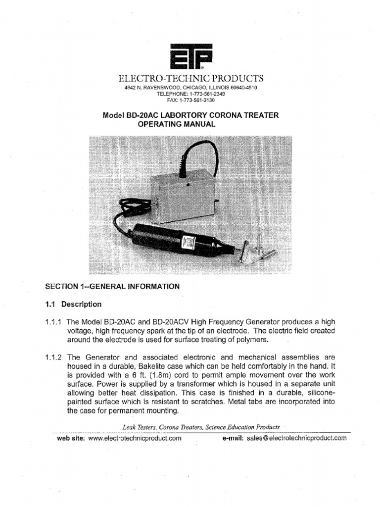 BD-20AC Corona SurfaceTreater Manual | PDF