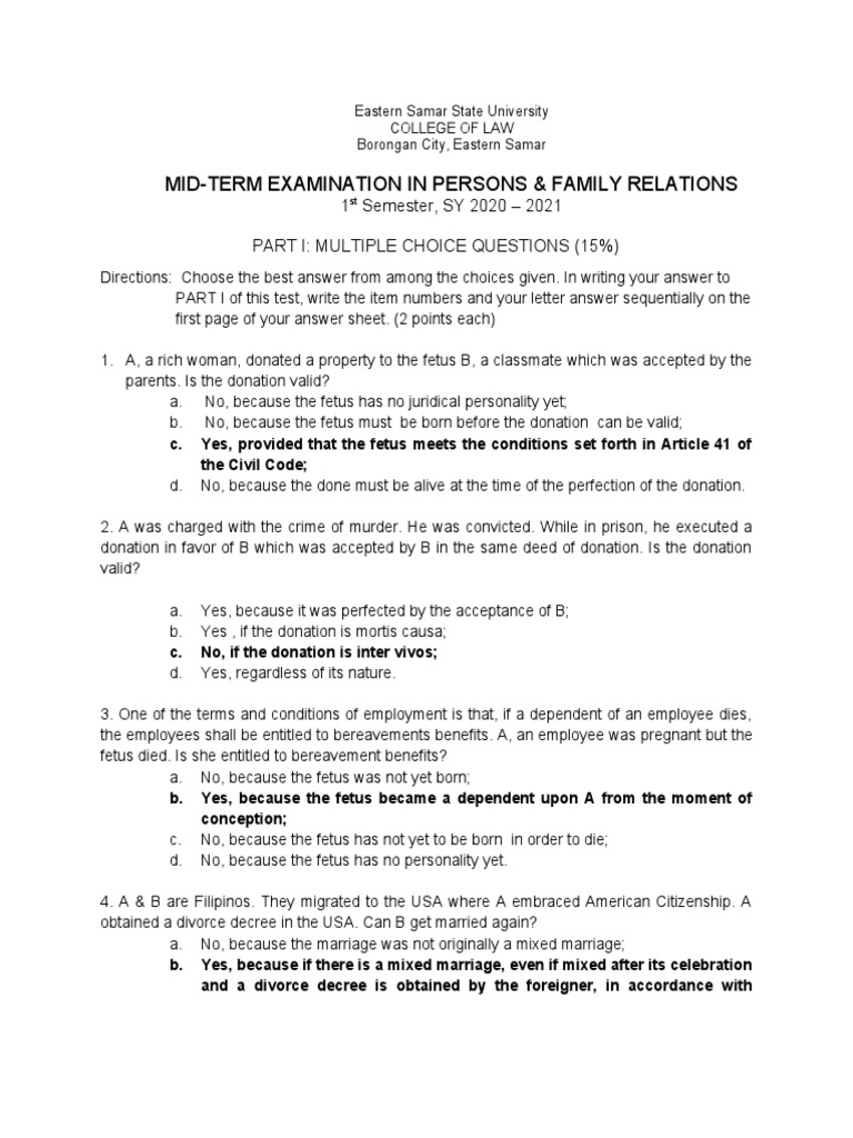 Test Questions - Midterm - Persons & Family - 2020 | PDF | Divorce ...