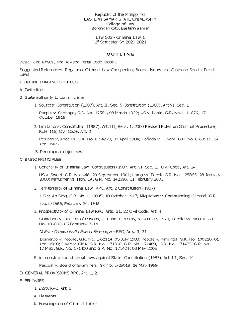 Course Outline Criminal Law I Revised | PDF | Crimes | Crime & Violence