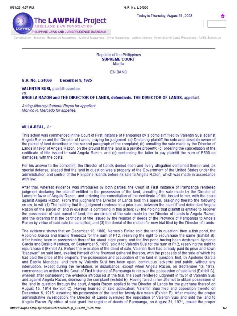 Susi vs. Razon and Director of Lands, 48 Phil. 424 (1925) | PDF ...