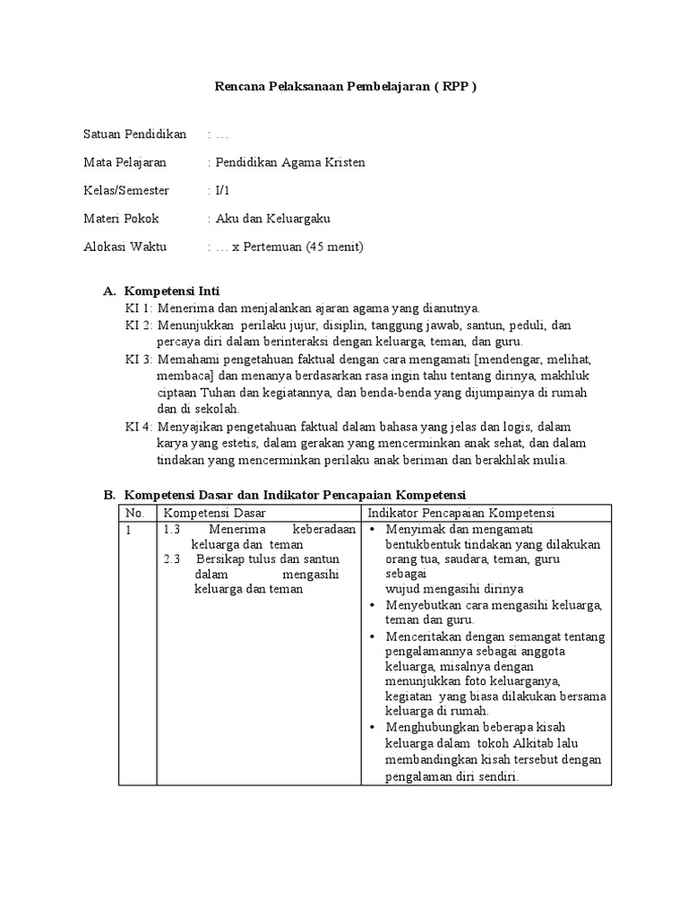 RPP Kelas 1 Aku Dan Keluargaku | PDF