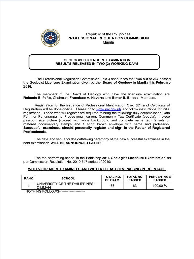 Geologist Board Exam | PDF | Licensure | Philippines