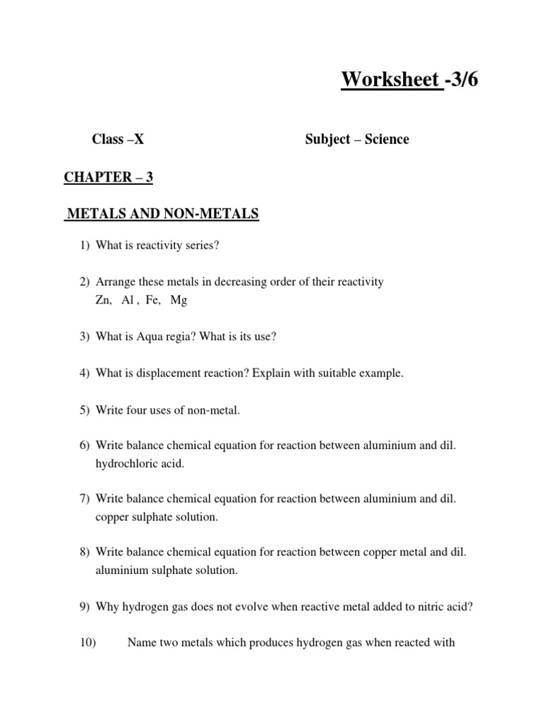 Class 10 Metals and Non-Metals Worksheet | PDF