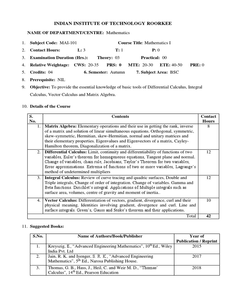 Mathematics I-Syllabus | PDF | Matrix (Mathematics) | Integral