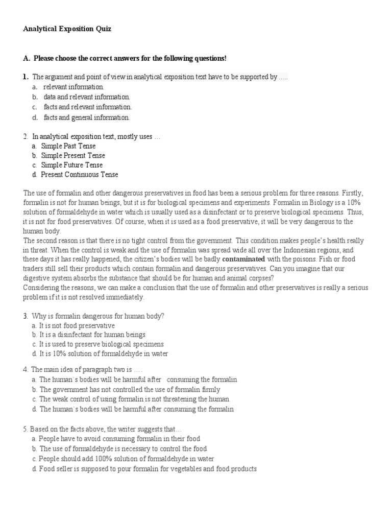 Analytical Exposition Quiz NEW | PDF | Formaldehyde | Online Shopping Analytical Exposition Quiz NEW | PDF | Formaldehyde | Online Shopping