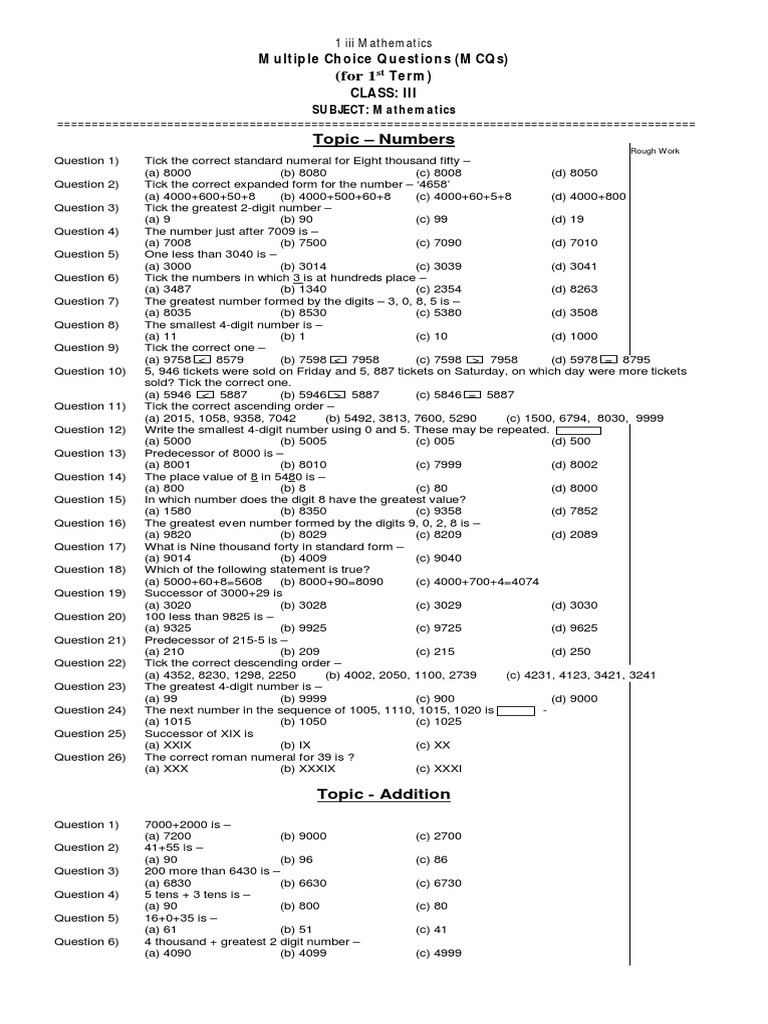 CLASS 3 Mathematics | PDF | Numbers | Elementary Mathematics