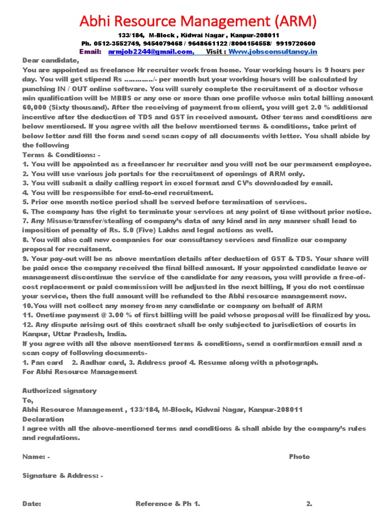 Freelance HR Recruiter Offer Letter | PDF | Economies | Business