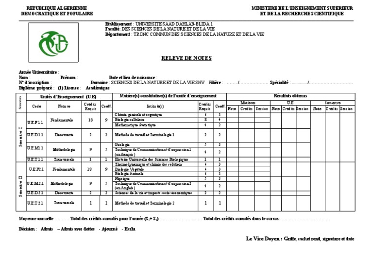 Relevé de Notes Universitaire SNV | PDF | Biologie | Science