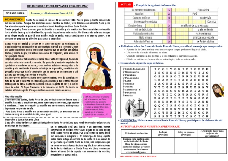 Ficha Religiosidad Popular Santa Rosa de Lima 2° | PDF