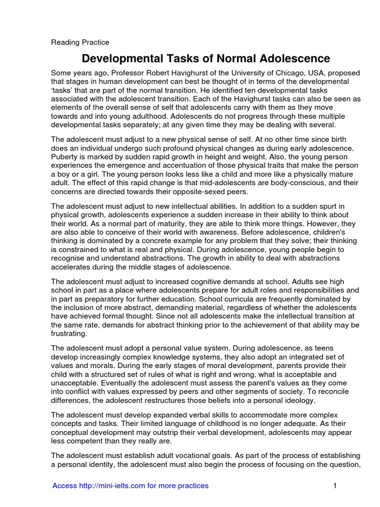 Developmental Tasks of Normal Adolescence | PDF | Adolescence | Developmental Psychology