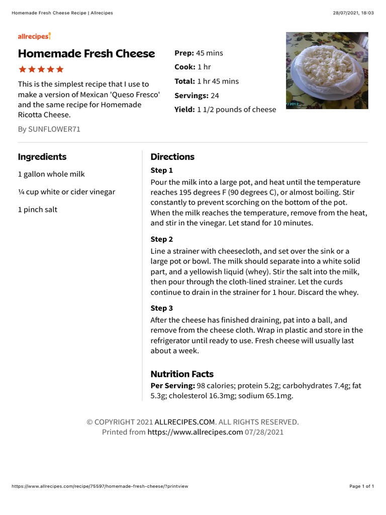 Homemade Fresh Cheese Recipe - Allrecipes | PDF | Cheese | Milk