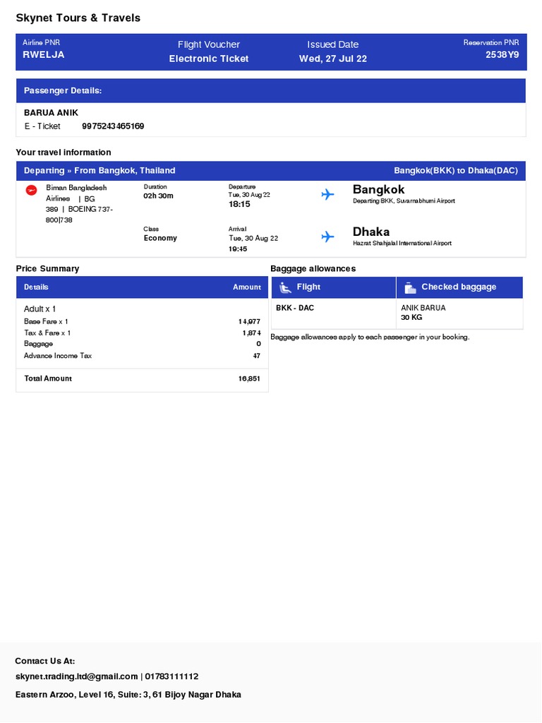 E-Ticket For BKK-DAC - ANIK BARUA | PDF