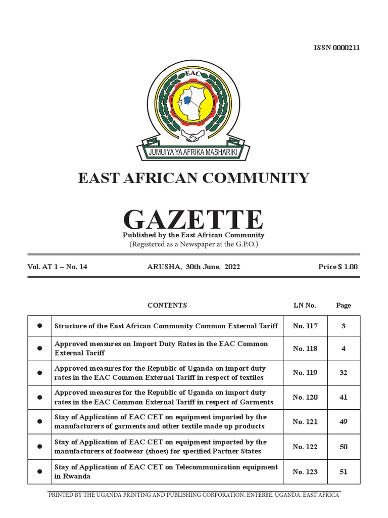 EAC Gazette Vol AT 1 NO 14 of 30th JUNE 2022 | PDF | Foods | Food And Drink