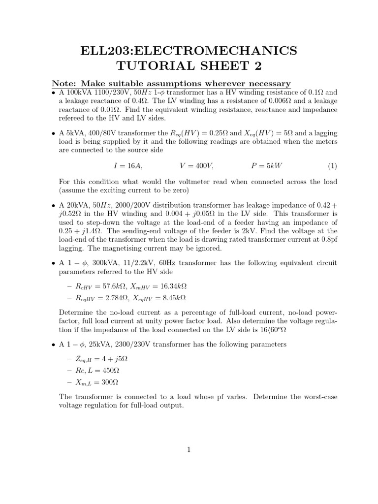 Tutorial - 2 - ELL203 - 07th August - 2023 | PDF | Transformer | Electrical Impedance