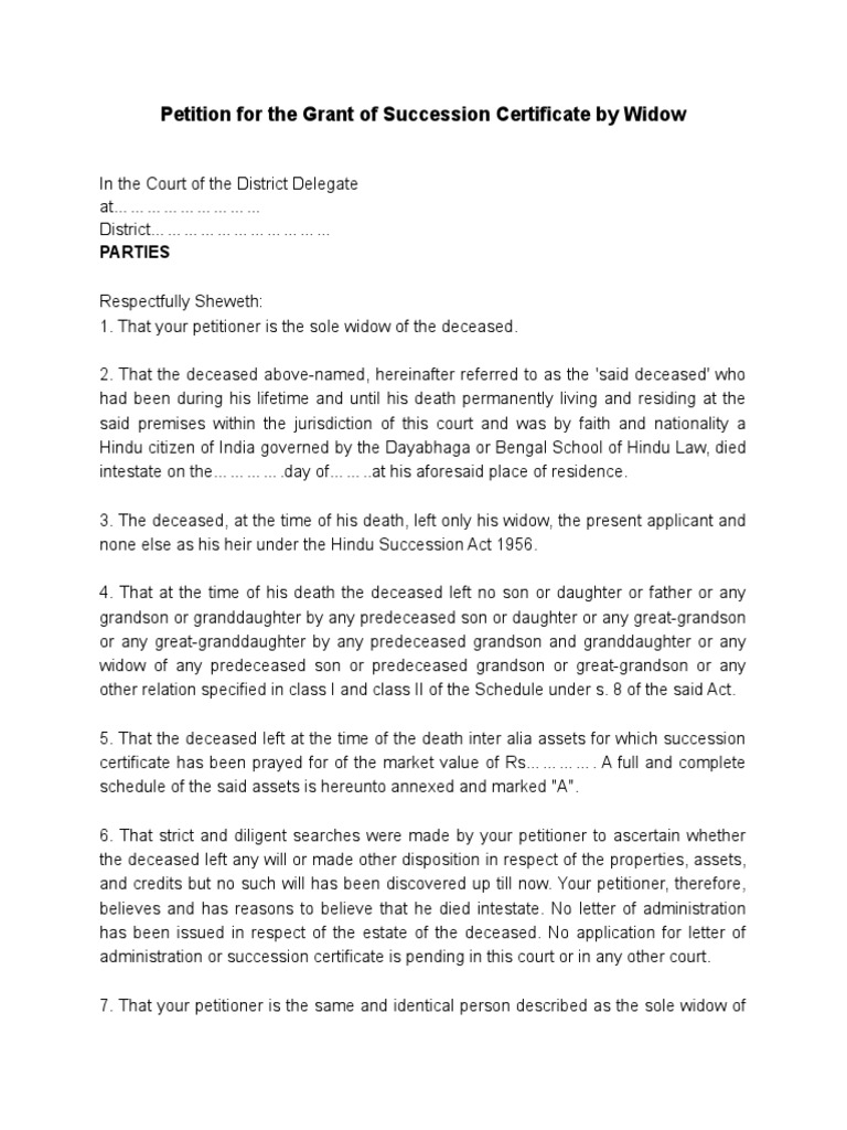Petition For The Grant of Succession Certificate by Widow | PDF | Civil ...