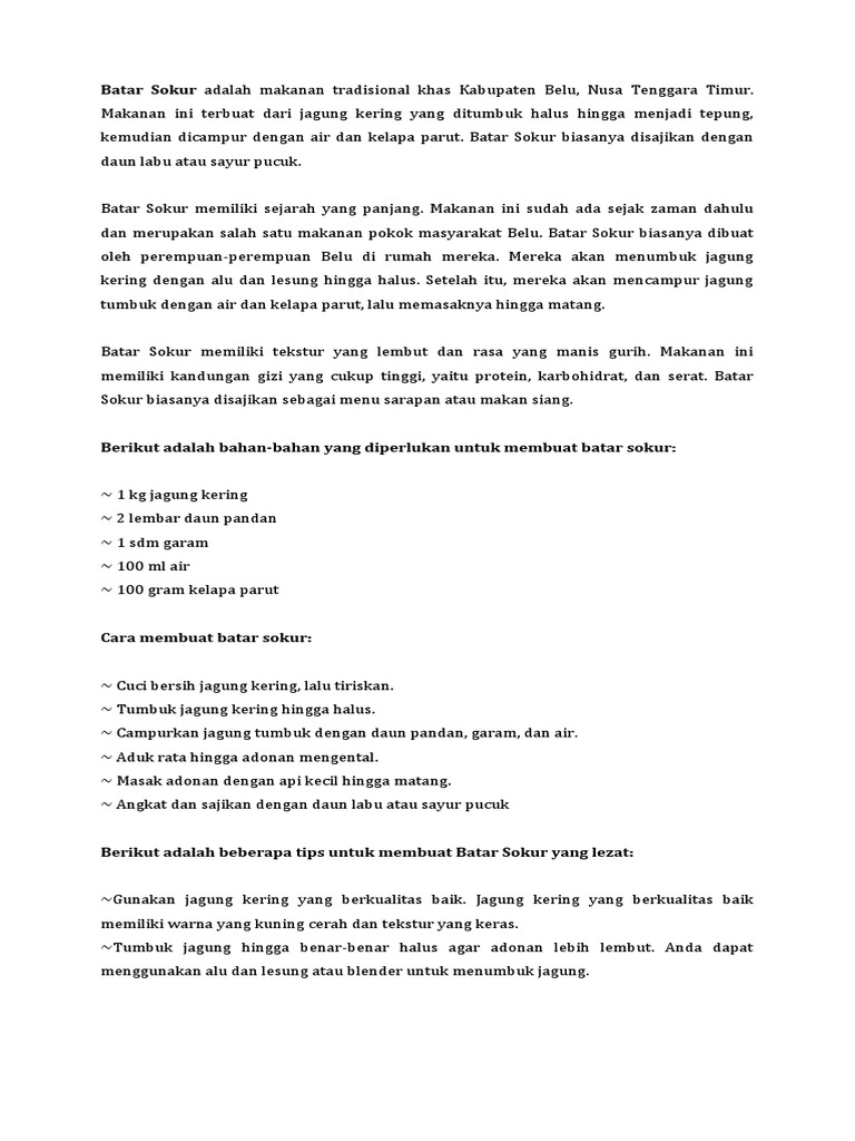 Makanan Khas Belu: Batar Sokur | PDF | Memasak, Makanan, & Anggur ...