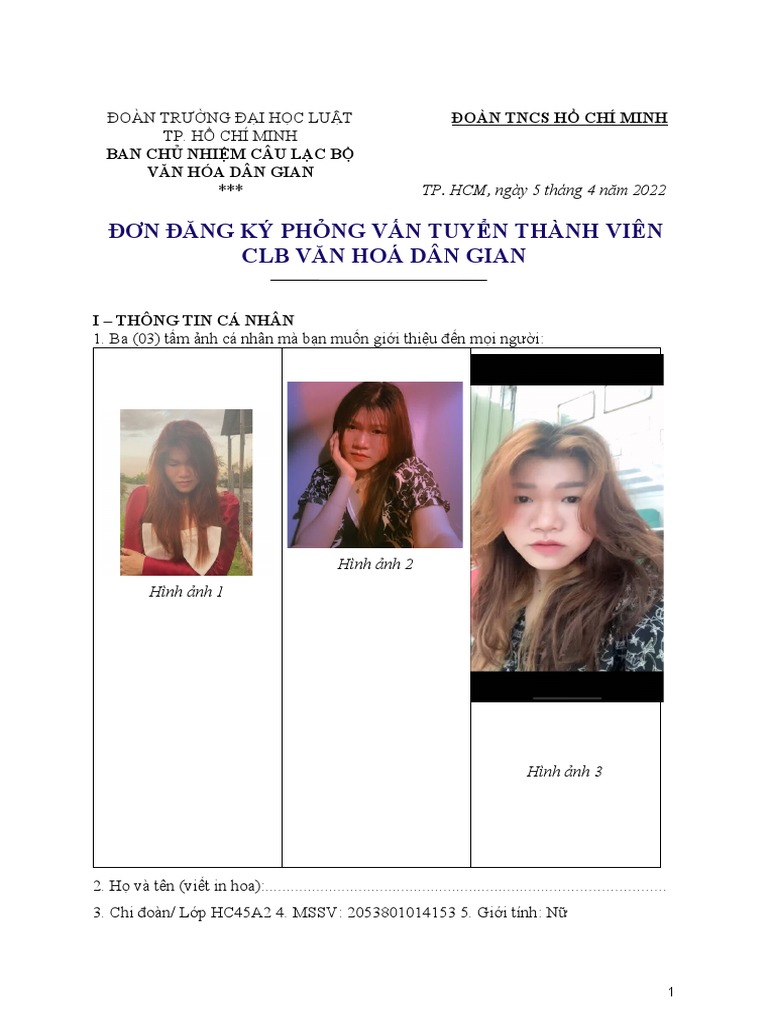 Mẫu Đơn Tuyển Thành Viên CLB Văn Hóa Dân Gian Trường ĐH Luật TP. Hồ Chí Minh | PDF
