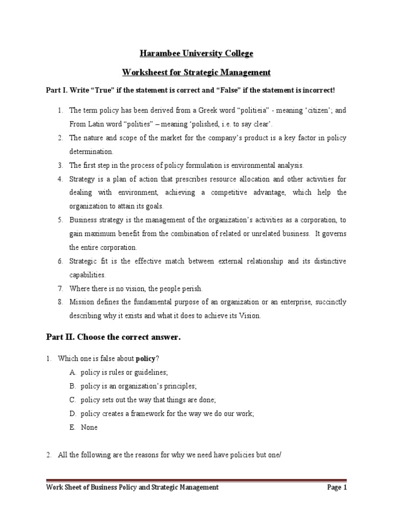 Strategic Management Work Sheet | PDF | Strategic Management | Policy