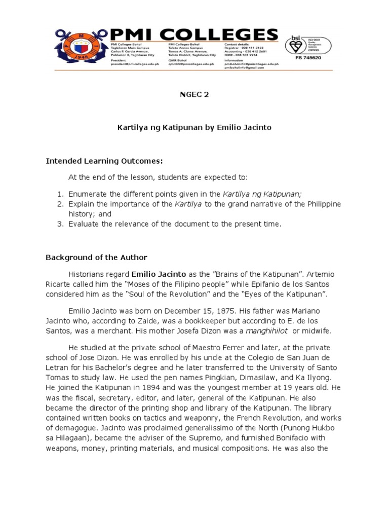 NGEC 2 Lesson 6 - Kartilya NG Katipunan by Emilio Jacinto | PDF | Philippines