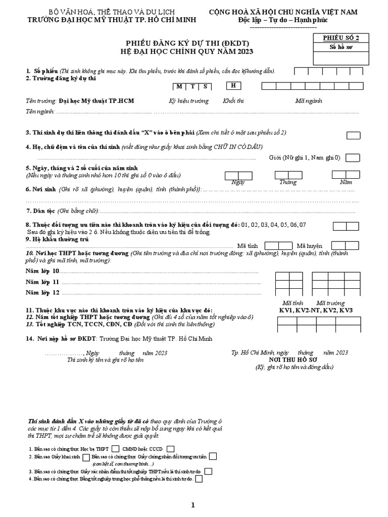 Ho so dang ky du thi DHMT 2023 (Phieu so 2) Mẫu in | PDF