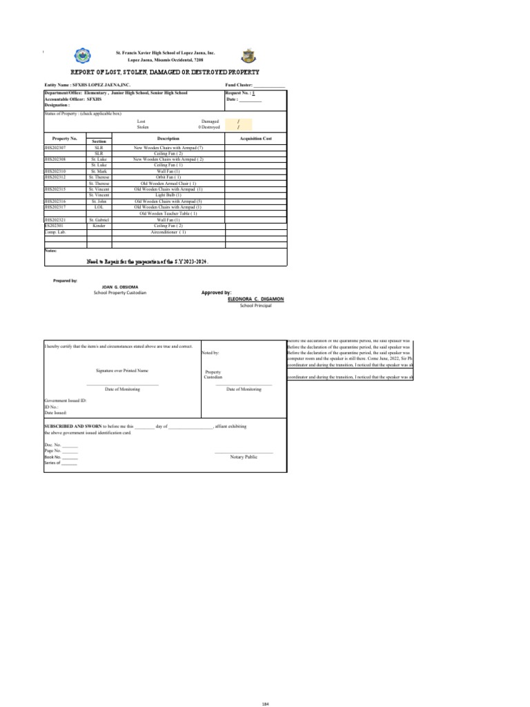 Appendix 75 - Report of Lost, Stolen, Damaged or Destroyed Property - RLSDDP | PDF | Access ...