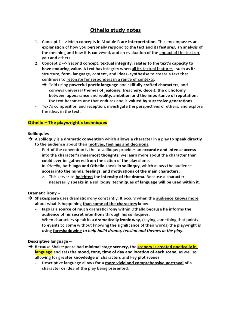 Othello Study Notes | PDF | Othello | Iago