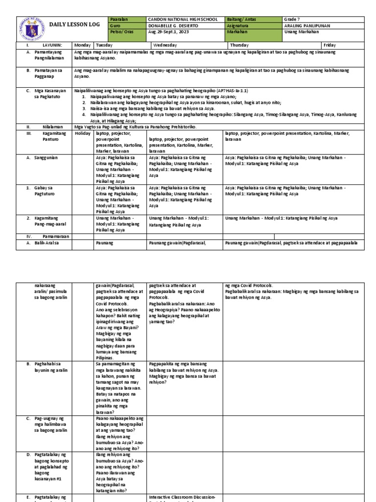 DAILY LESSON LOG - ARALING PANLIPUNAN Q1-Week1 | PDF