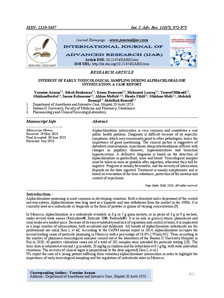 Interest of Early Toxicological Sampling During Alpha Chloralose in ...