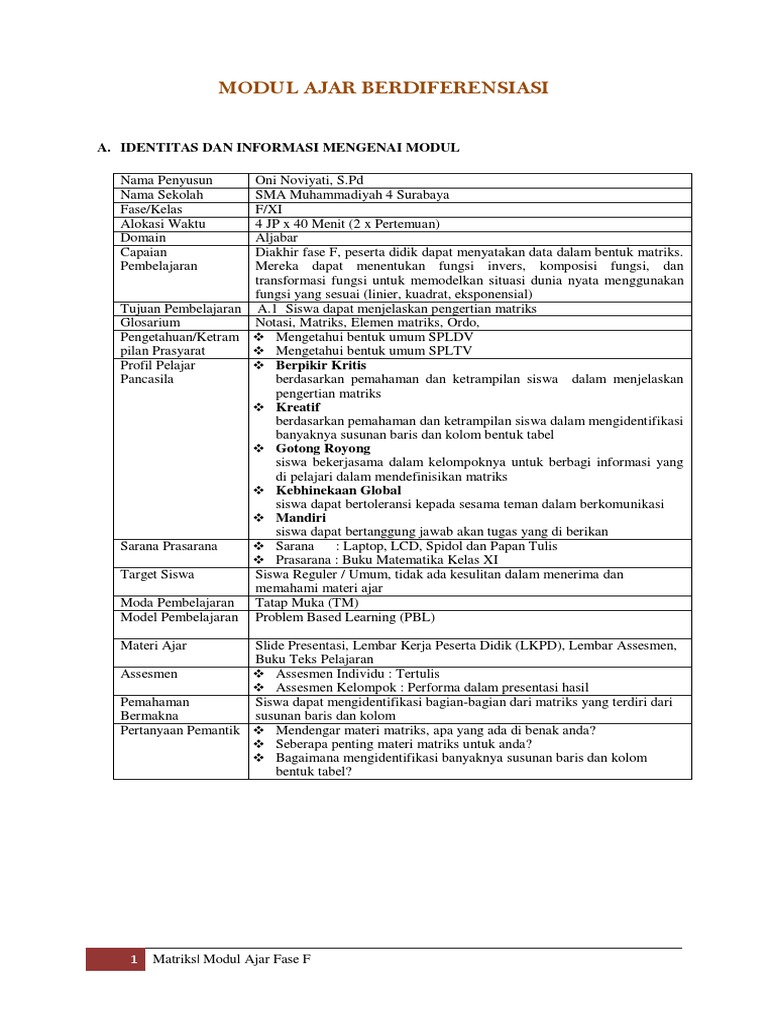 Modul Ajar Matriks Fase F Kelas XI | PDF | Karier & Perkembangan