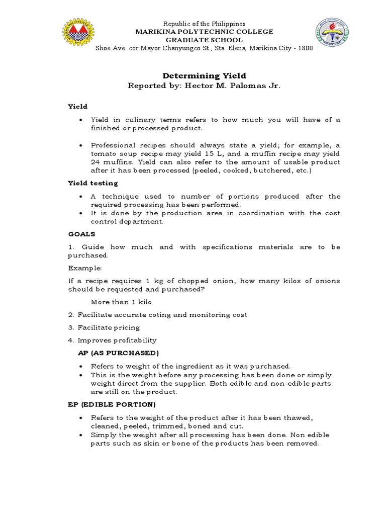 Determining Yield - Handout | PDF | Food And Drink | Foods