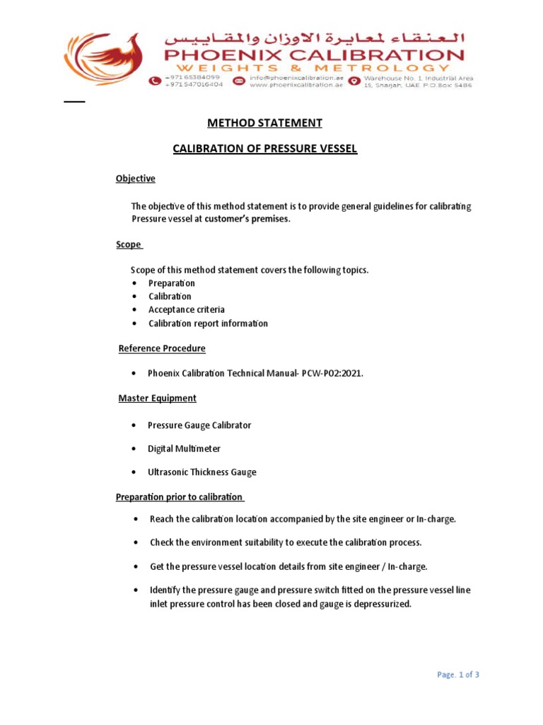 Method Statement Pressure Vessel | PDF | Calibration | Pressure Measurement
