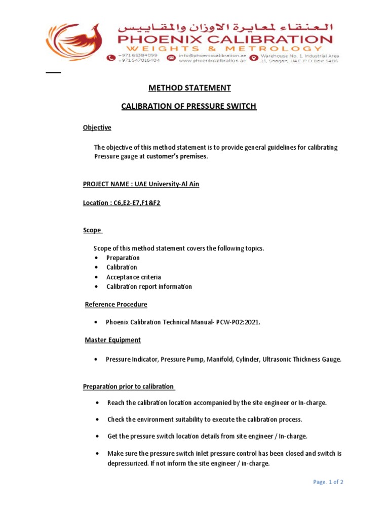 METHOD STATEMENT PRESSURE SWITCH UAE Univ. | PDF | Calibration | Metrology