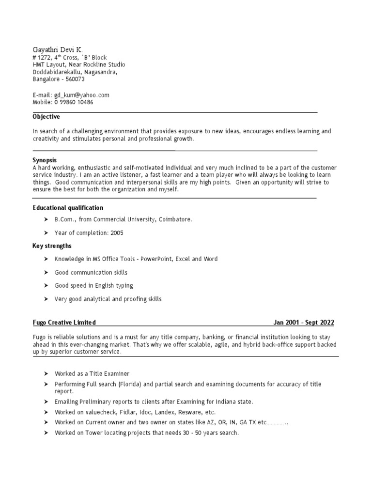 Gayathri Devi Resume | PDF | Title Insurance | Mortgage Loan