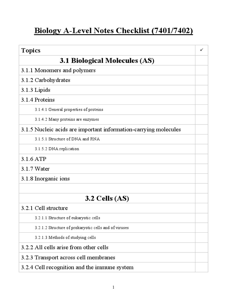Biology Notes Checklist | PDF | Cell (Biology) | Biology