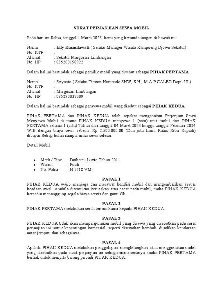 Surat Perjanjian Sewa Mobil | PDF