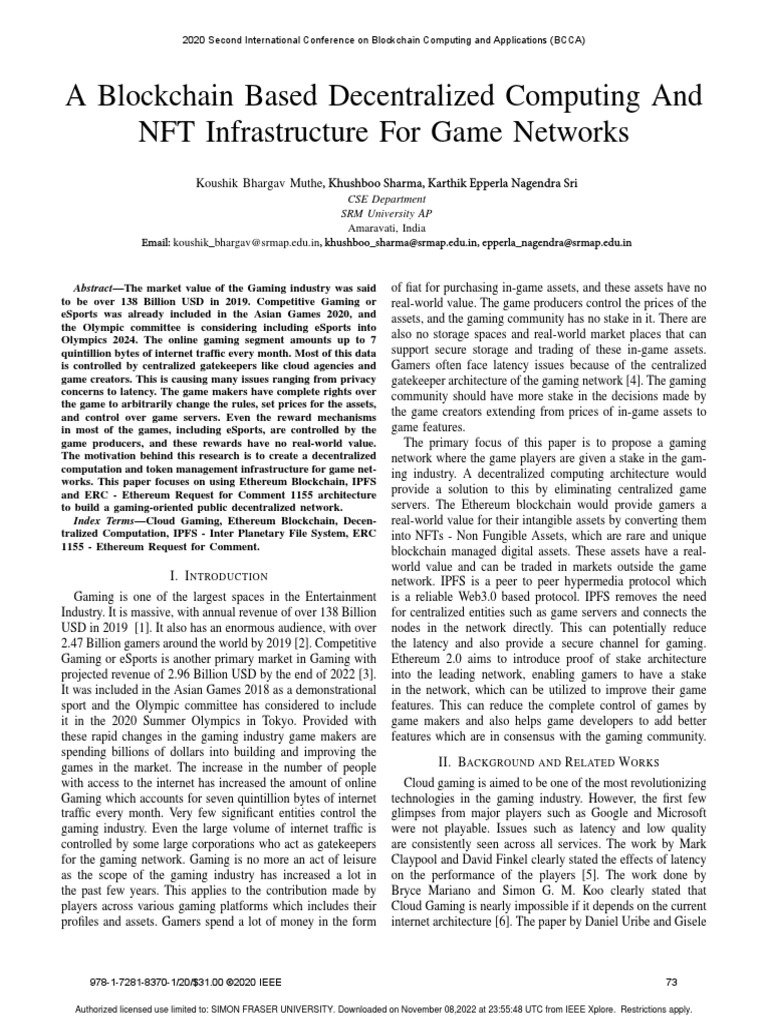 A Blockchain Based Decentralized Computing And Nft Infrastructure For Game Networks Download