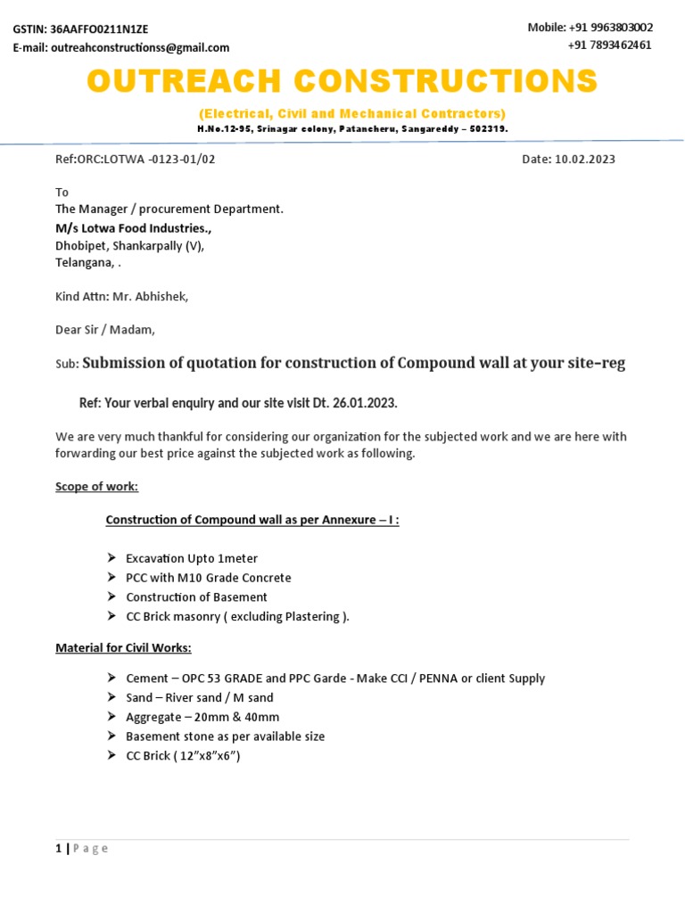 Revised Quotation For Compound Wall (Only Brick Work) - Lotwa Foods | PDF | Architectural Design ...