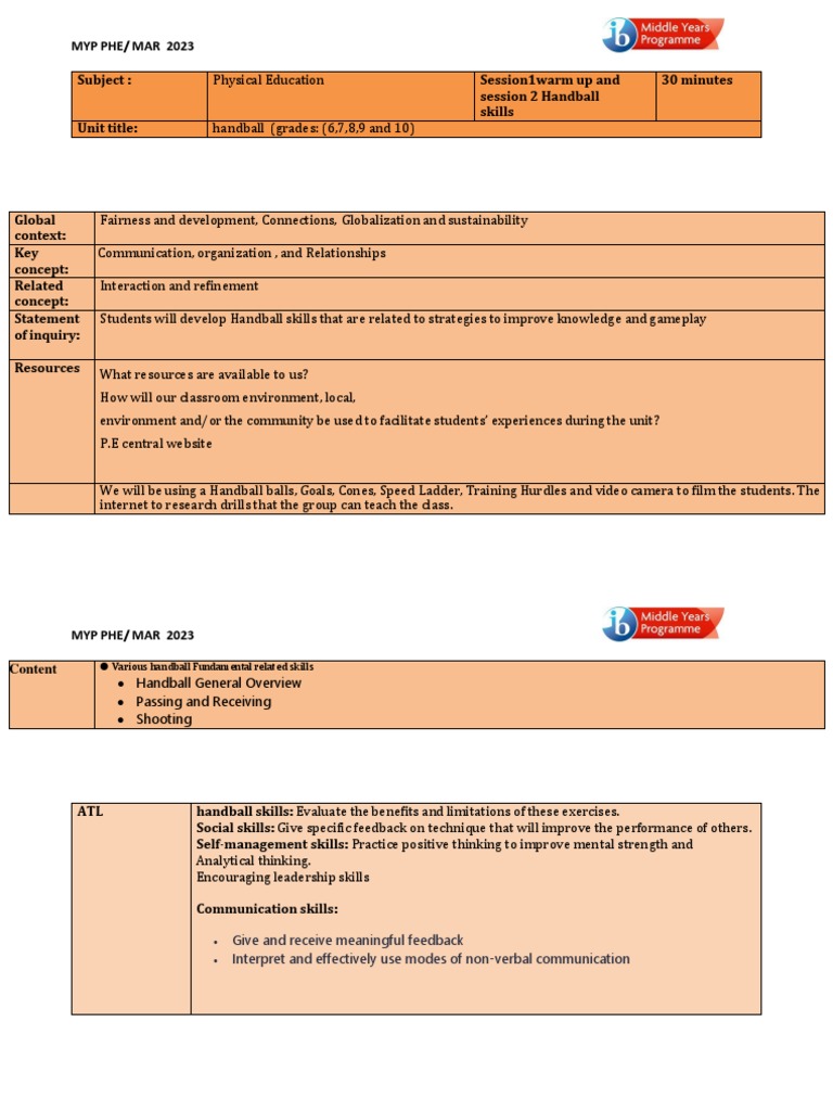 Handball Skills Lesson Plan Overview | PDF | Communication | Thought