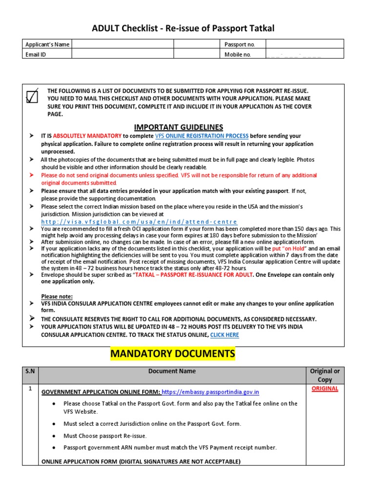 Tatkal Passport Reissue Document Checklist | PDF | Notary Public ...