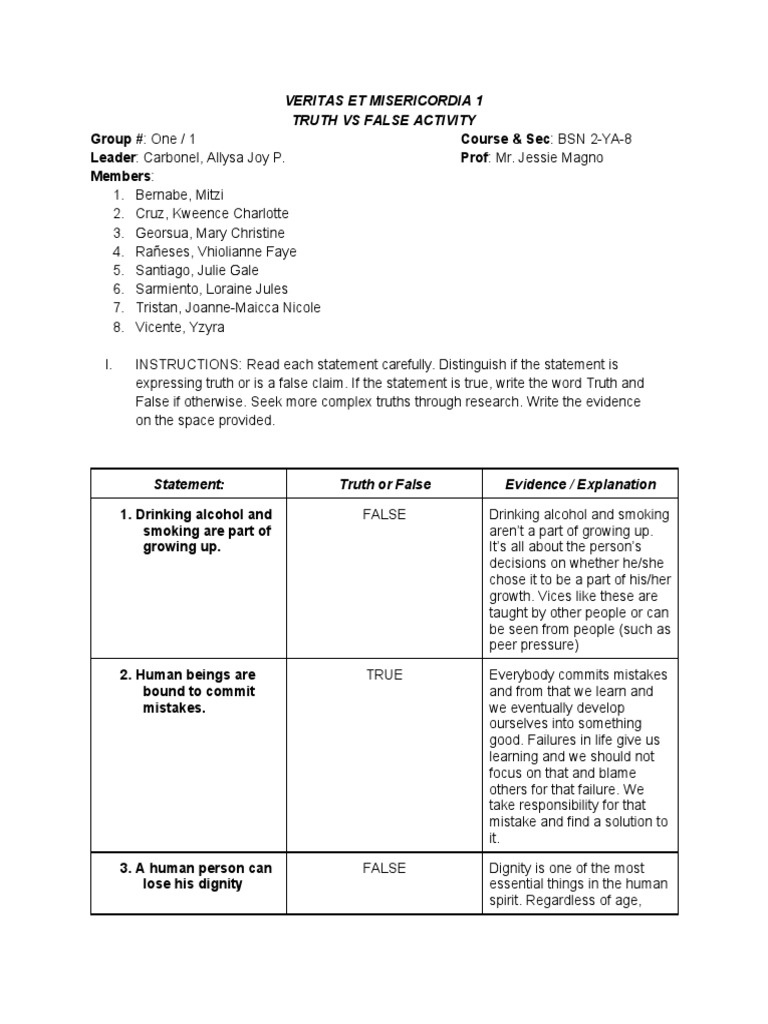 Group 1 Vrts 111 Truth Vs False Activity | PDF | Truth | Lie
